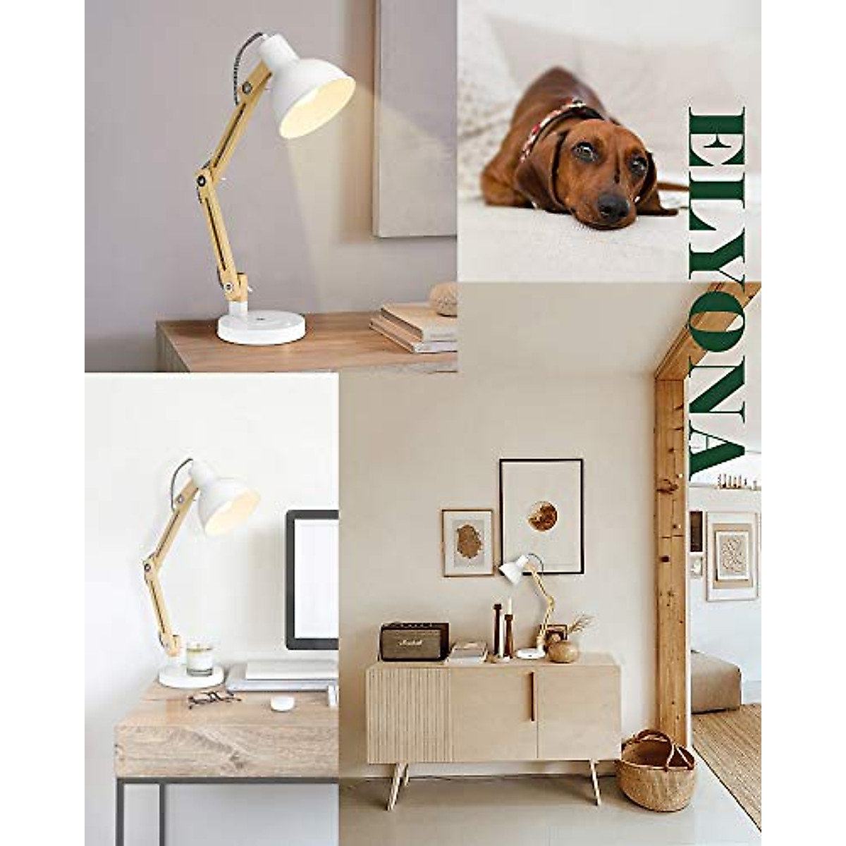 ELYONA White Desk Lamp with Wireless Charger, Solid Wood Table Lamp with USB C Charging Port, Swing Arm Reading Task Light with 5W LED Bulb for College Dorm, Office, Living Room, Bedroom, Farmhouse