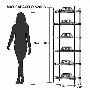 azamine 6-Tier Storage Shelves, Metal Storage Rack Adjustable Shelving Unit with 4 Hooks for Pantry Laundry Bathroom Kitchen Closet (21L x 11W x 70H, Black)