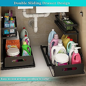 Under Sink Organizers and Storage, Double Sliding Pull Out cabinet organizer for Bathroom Organization and Storage 2 Tier Kitchen Sink Organizer Under Cabinet Storage Organizer with Slide Drawers