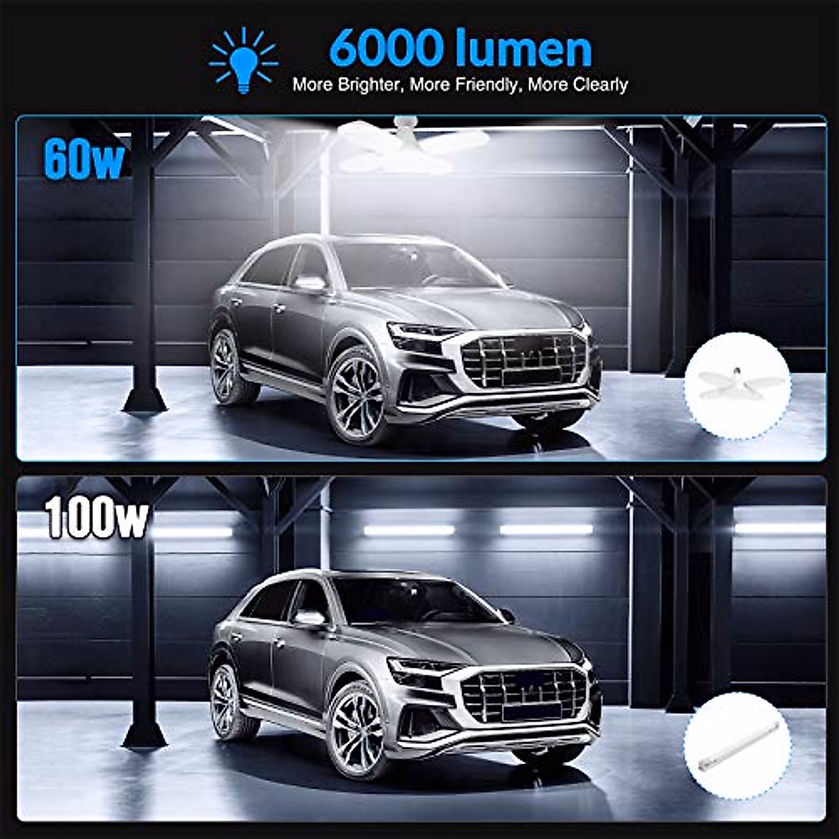 Tycolit LED Super bright 60W transformable ceiling light fixture with 4 adjustable panels Folding Garage Light white E26/E27 holder Suitable for garages, workshops, basements balconies Recyclable