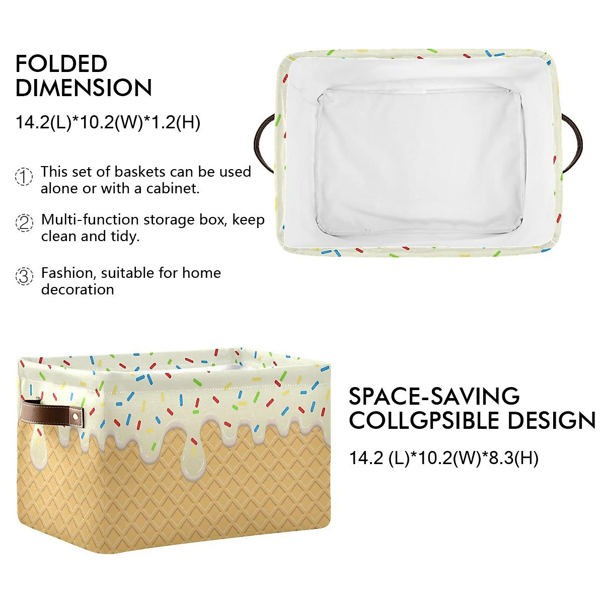 Kigai Ice Cream Texture Storage Bins for Shelves, Storage Basket with Double Handle, Foldable Storage Cubes with Metal Frame, Rectangular Closet Organizer Containers for Home Bedroom