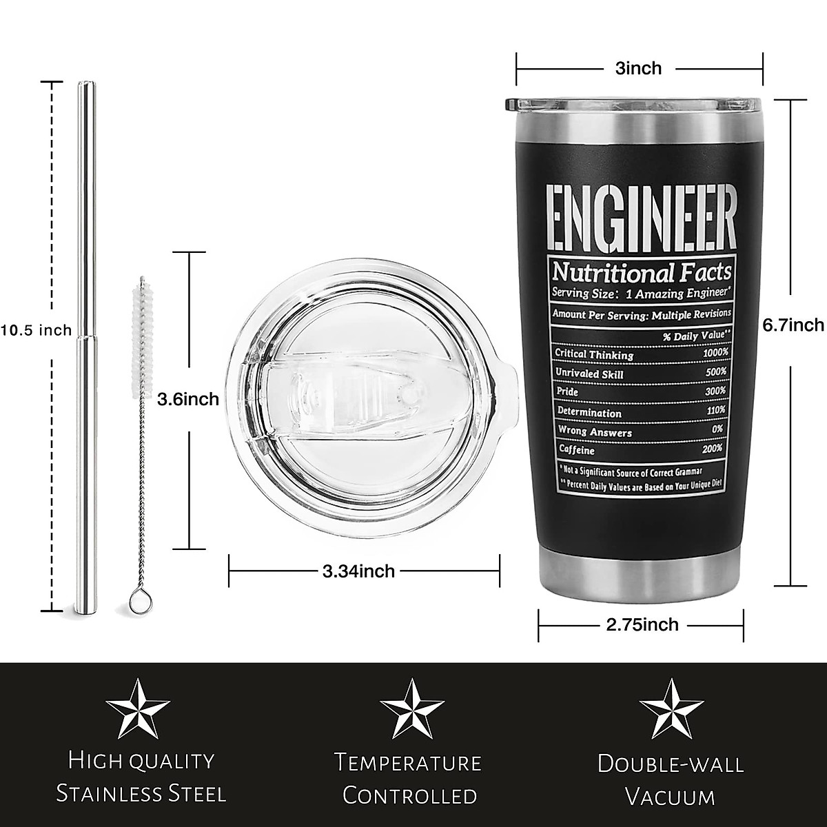 Engineer Tumbler with Lid and Straw- Funny Engineer Gifts for Engineers -Engineer Mug, Cup, Skinny Tumbler - Matte Black Thermal Insulated Tumblers 20 Oz- Nerd Gifts(Nutritional Facts)