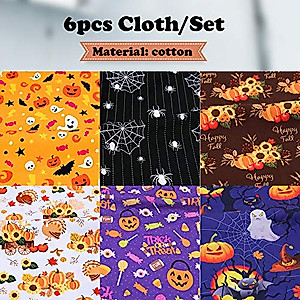 Junejour 6pcs Halloween Style Cotton Craft Fabric 25cm x 25cm Sewing Patchwork Cloths DIY Craft Squares Fabric Halloween Pumpkin Ghost Floral Pattern for DIY Art Crafts