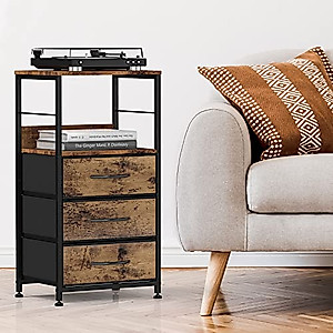 Nightstand Set of 2 Modern Bedside End Tables, Set of 2 End Tables with Drawers Night Stand Side Table with 3 Fabric Drawers Retro Bedside Tables for Livingroom Bedroom Office, Brown and Black