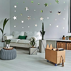 32 Pieces Removable Star Mirror Stickers Acrylic Mirror Setting Wall Sticker Decal for Home Living Room Bedroom Decor (Silver)