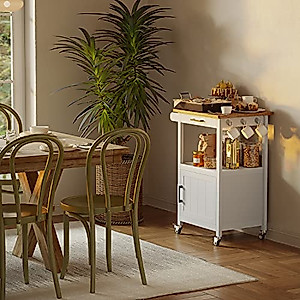 Qsun Rolling Kitchen Island Cart with Drawer, Storage on Wheels, Small Home Coffee Bar, Microwaves Stand, Table/Cabinet and Side Hook, White