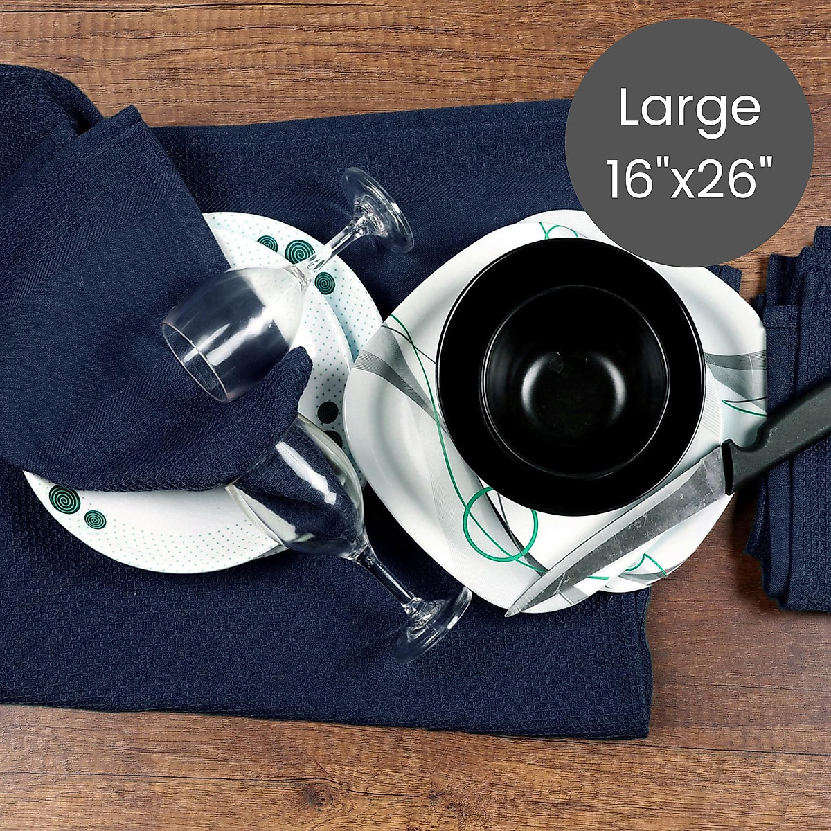 Linen Hub 12 Pack Kitchen Dish Towels 100% Cotton 16x26 Absorbent Durable Washable, Tea Towels, Dish Cloths, Bar Towels, Cleaning Towels, Kitchen Towels with Hanging Loop, Navy Blue