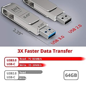 MOSDART 64GB Fast USB C Flash Drive 2 in 1 OTG USB C to USB A 3.1 Dual Thumb Drive Metal Memory Stick for USB-C Android Phones, iPhone 15, MacBook, iPad, Computers and More, Silver
