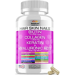 Stamiron Hair Skin and Nails Vitamins for Women with Biotin 10000mcg Collagen 1000mg Supplements Plus Keratin Hyaluronic Acid Saw Palmetto Bamboo Vitamin B & C for Hair Nail & Skin