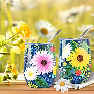 NymphFable 12oz Flower Wine Tumbler with Straw and Lid Stainless Steel Wine Glass Insulated Travel Mug Double Wall