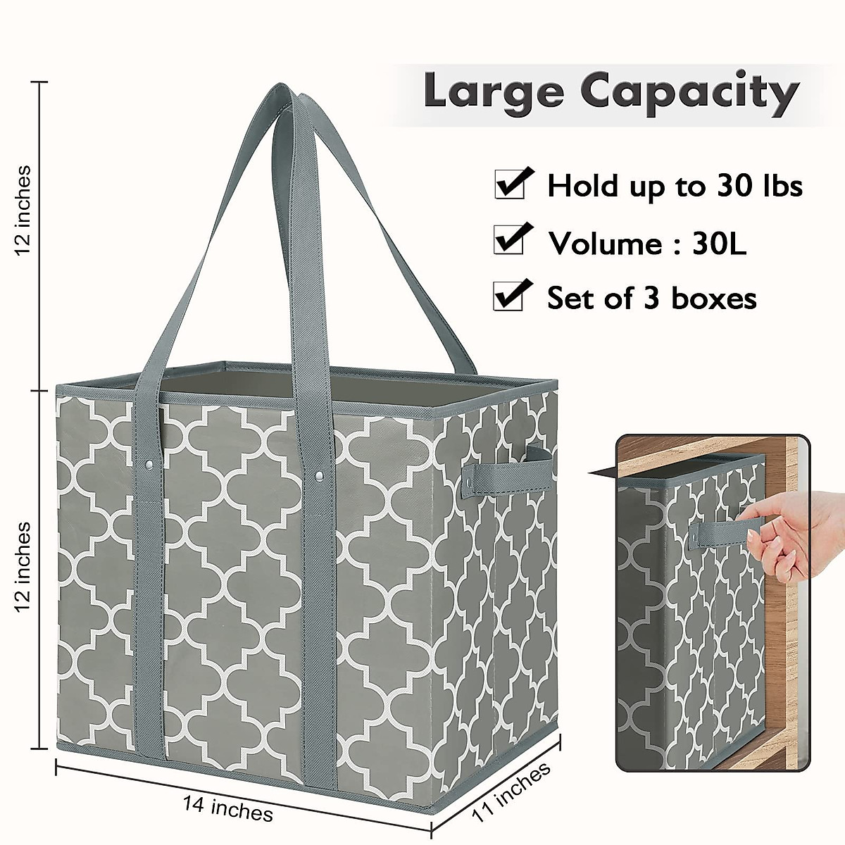 WISELIFE 3-Pack Reusable Grocery Bags Foldable Washable Storage Bins Basket Water Resistant Shopping Utility Tote Bag Grey