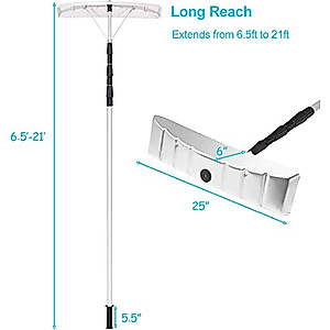 Goplus Roof Snow Rake, 21' Telescopic Aluminum Snow Removal Tool Shovel with 6" x 25" Blade & Twist-N-Lock for Snow Leaves Debris Car