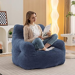 FOXHUNTER Bean Bag Chair for Adults, Bean Bag Sofa with Tufted Soft Stuffed Filling, Fluffy and Lazy Sofa Comfy Chair BeanBag Chairs with Memory Foam for Dorm Livingroom Apartment, Teddy Blue
