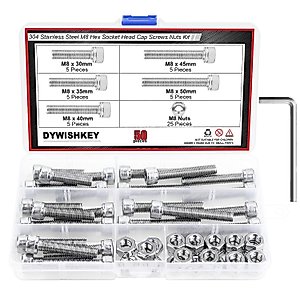 DYWISHKEY 50 Pieces M8 x 30mm/35mm/40mm/45mm/50mm Stainless Steel 304 Hex Socket Head Cap Bolts and Nuts Kit