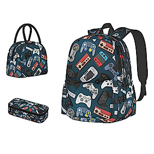 Oplp Video Game Controller Background Large Capacity Backpack Lunch Bag Pencil Case Combination 3 Piece Set