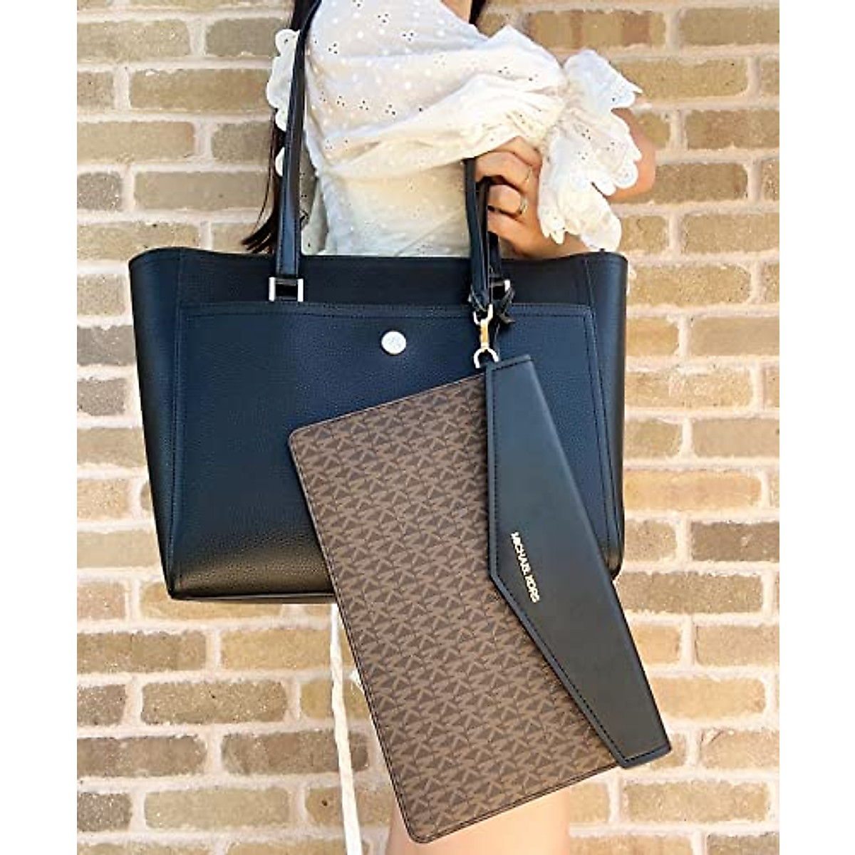 Michael Kors Maisie Large Pebbled Leather 3-IN-1 Tote Bag (Black Brown Multi)