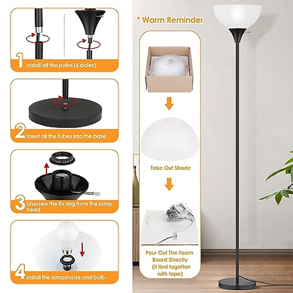 Coucrek Floor Lamp, LED Standing Lamps with White Plastic Shade, Black Modern Torchiere Floor Lamp, Tall Lamps for Living Room Dorm Bedroom Office, Rotary Switch, E26 Base, Bulb not Included