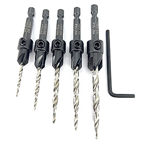 FTG USA Wood Countersink Drill Bit Set 5 Pc Countersink Drill Bit #4, 6, 8, 10, 12, Tapered Drill Bits with 1/4" Hex Shank Quick Change, Allen Wrench, and 6 Pc Storage Containers