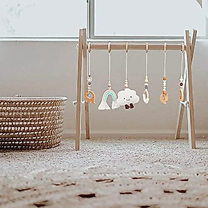 Golener Baby Play Gym Wooden Baby Gym with 6 Infant Activity Toys,Foldable Frame Hanging Bar,Toddler Activity Center with Pull Ring,Wood Gyms for Newborn Gift, Girl & Boy Shower Gift,Easy to Assemble