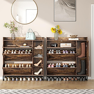 Auromie Shoe Storage Cabinet, Free Standing Shoe Organizer with 2 Flip Drawers, Shoe Rack with Adjustable Side Cabinet, Entryway Narrow Shoe Storage with Door for Hallway, Living Room (Rustic Plus)