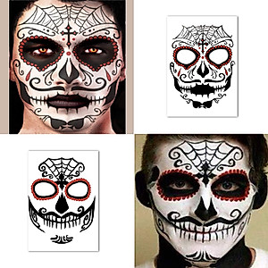 Yazhiji 42 Sheets Halloween Temporary Tattoo Family Set Day of Dead Pumpkin Ghost for Women Black Fake Death Skull Skeleton Tatoos for Men Boy and Girl, Halloween Zombie Makeup Tattoo Kit