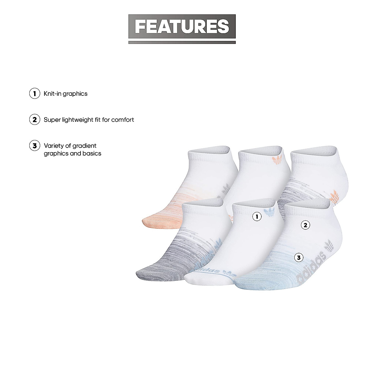 adidas Originals Women's Originals Superlite Gradient 6-Pack No Show, White/Ambient Sky Blue/Ambient Blush Pink, Medium