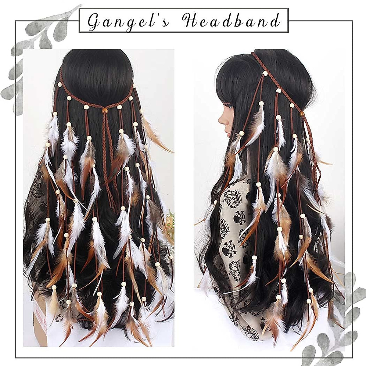 Gangel Bohemian Feather Hairband Gypsy Headband with White and Brown Feather Tassel Hemp Rope for Festival Masquerades, Carnival, Hippie Costume, Women's Prom Accessories