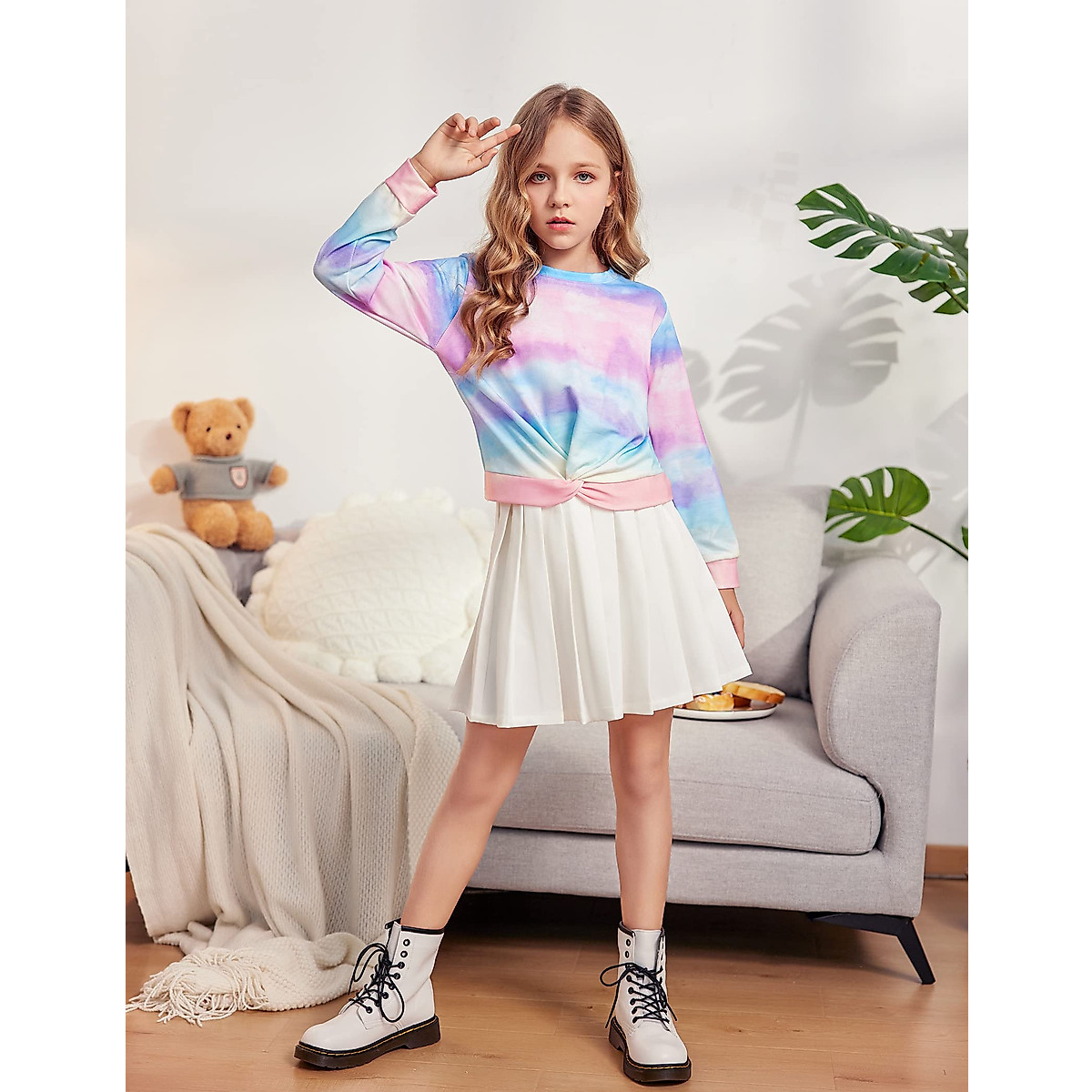 Arshiner Girls Casual Twist Front Light Weight Sweatshirt Tie Dye Printed Long Sleeve Crop Tops Pullover Size 11-12 Years
