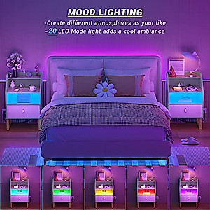 Cyclysio Nightstand with Charging Station and LED Light, 30 Inches Tall Night Stand with Top Baffle,Super Large Storage Space Bedside Tables for Bedroom, Sofa Side