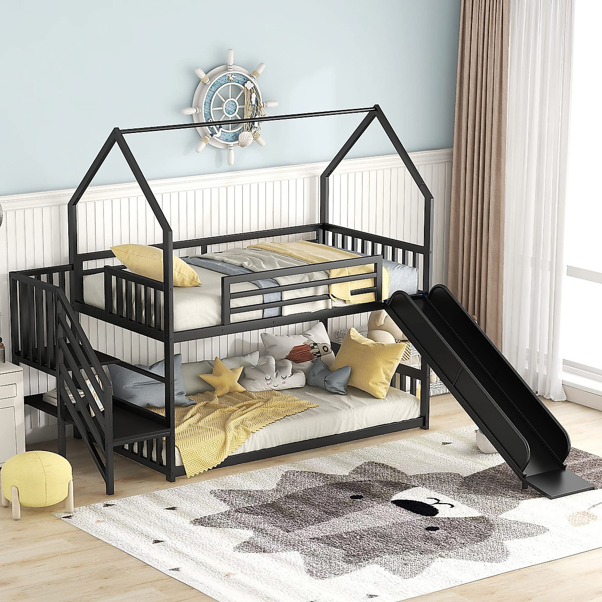 House Bunk Bed Twin Over Twin, Low Bunk Bed with Slide and Storage Stairs, Heavy-Duty Metal Playhouse Bunk Bed Frame for Kids Boys Girls Teens, Black