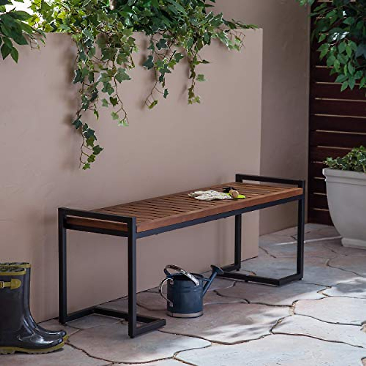 Christopher Knight Home Noel Outdoor Industrial Acacia Wood and Iron Bench, Teak Finish/Black Metal