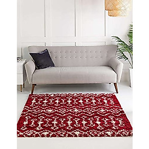 Unique Loom Moroccan Trellis Shag Collection Area Rug - Meknes (10' Square, Burgundy Red/Ivory)