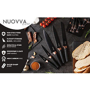 nuovva Kitchen Knife Block Set Copper 5 Piece Set with Knives Clear Acrylic Block Stainless Steel Blades