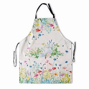 Sweetshow Watercolor Floral Apron with 2 Pockets and Adjustable Neck,Spring Colorful Flower Decorative Aprons for Adults Women Men Gift for Woman