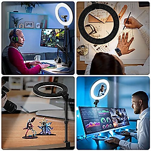 Computer Streaming Ring Light with Desk Mount Stand for Video Conferencing Recording/Zoom Meeting/Calls/Makeup-12''LED Desktop Circle Lighting with Clamp Stand&Phone Holder for Phone/Webcam/Camera