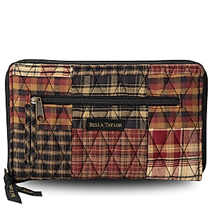 Bella Taylor Wrist Strap Wallet for Women | Multi Card Zip Around Wallet with RFID Protection and Wristlet Strap | Quilted Cotton Beckham Black and Burgundy Patchwork