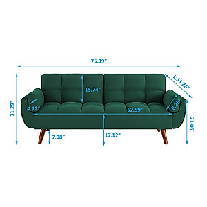 Verfur Futon Sofa Bed Modern Linen Fabric Padded Couch Convertible Folding Recliner Loveseat with 2 Arm Pillows and Strudy Wood Legs for Living Room Furniture Sets, Green