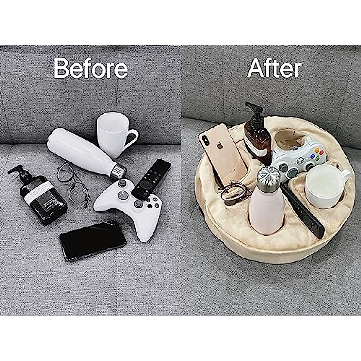 Couch and Bed Cup Holder Pillow, Sofa Organizer Caddy for Drinks, Remotes, Phones, Snacks (Beige)