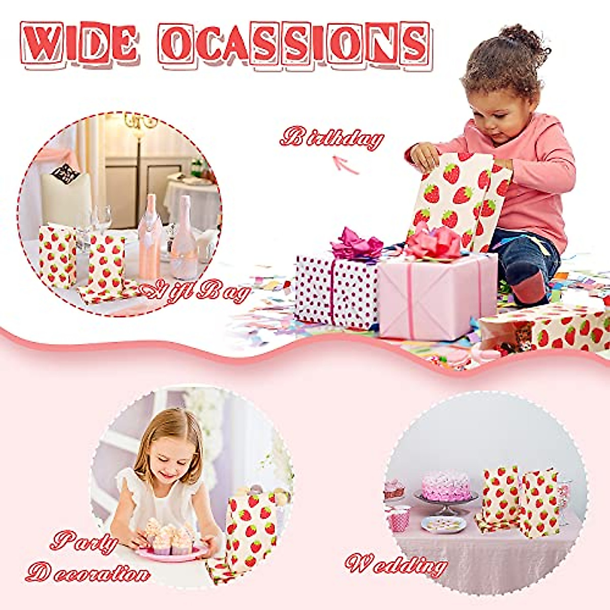 20 Pieces Strawberry Paper Bags Strawberry Party Favor Paper Bags Strawberry Goodie Bags Snake Candy Treat Bags for Strawberry Themed Birthday Party Decoration Supplies