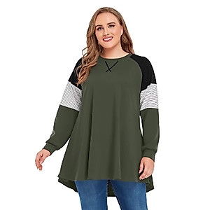 JollieLovin Crewneck Lightweight Sweatshirts for Women Plus Size Color Block Pullover Tops Long Sleeve Raglan Shirt ArmyGreen 3X