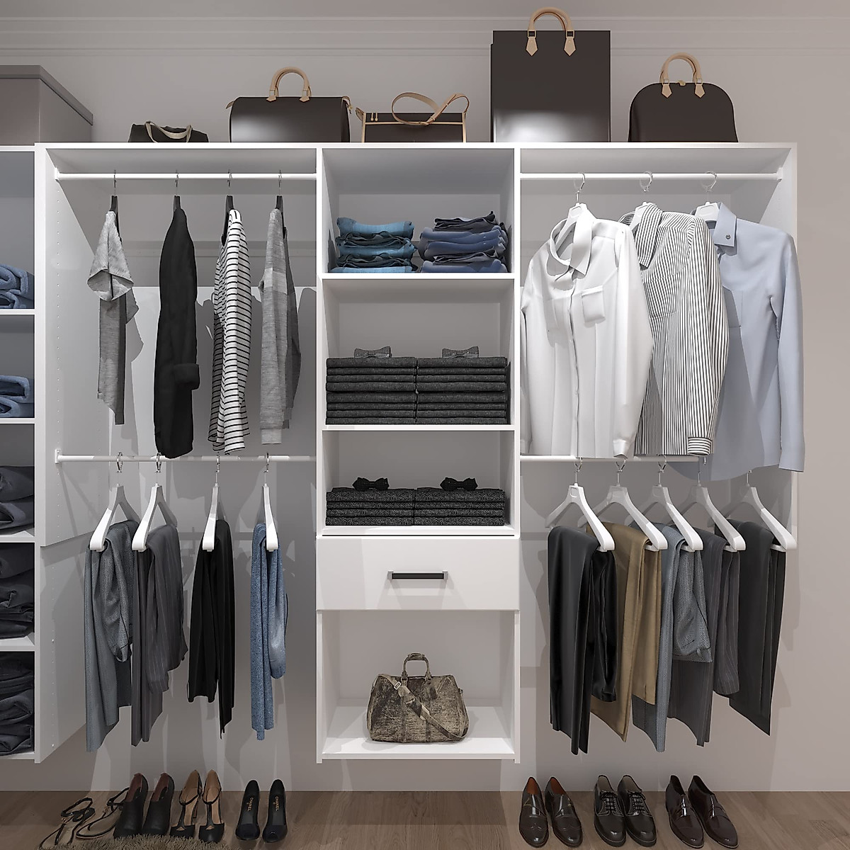 SOLRIG Wall Mounted Closet System, with Hanging Rod and All Hardware Kits, Large Garment Rack Shelves and One Drawer, Need to be Assembled, MDF with White Color for Bedroom and Closet