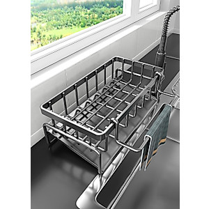 YISMAN Sink Holder for Sponge, Dish Brush, Soap, Scrubber, Dishcloth, No Punching,with Detachable Hanging Rod,Grey