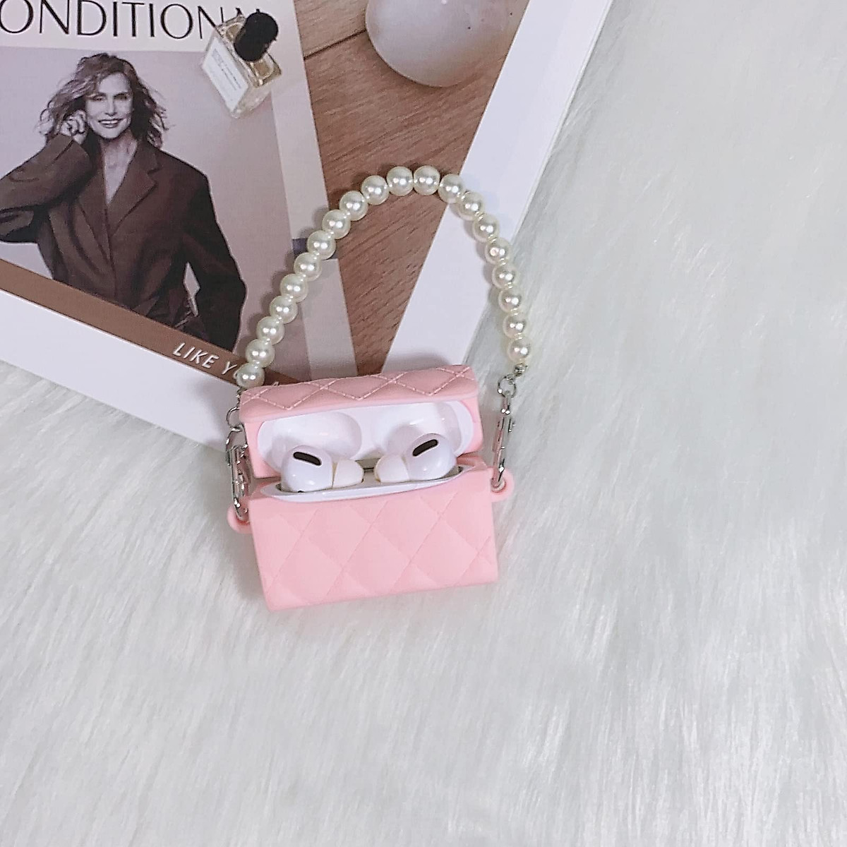 Lovmooful Compatible for AirPods Pro Case Cute Luxury Cartoon Lattice Bag Design with Pearl Chain for Women Girls Soft Silicone Shockproof Protective Cover Case for Airpods Pro-Pink