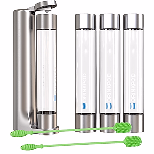 Fizzpod Home Soda Maker Sparkling Water Carbonator With 3 Bottles and 2 Bottle Brushes (Silver)