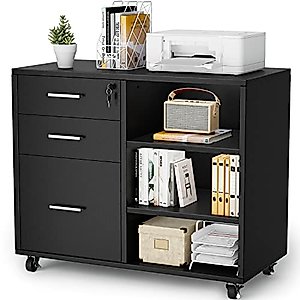 Shahoo 3 Drawer Filing Cabinet, Mobile Lateral Printer Adjustable Open Storage Shelf, Lockable Wheels for Home Office, Dark Black
