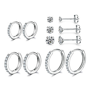 Sterling Silver Hoop Earrings | Sterling Silver Stud Earrings for Women - 6 Pairs Hypoallergenic Tiny Cubic Zirconia Stud Earrings Set & Cartilage Earring Hoops