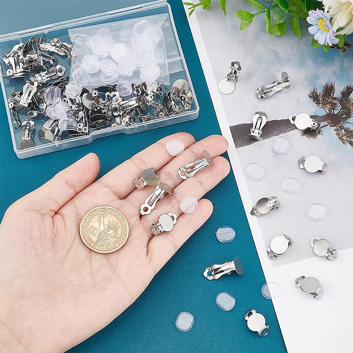 UNICRAFTALE 60pcs Clip-on Earring Findings DIY Earring Clip 10mm Stainless Steel Clip-on Earring Converter Flat Round Tray Non-Pierced Earrings with Silicone Earring Pads for DIY Earring Making