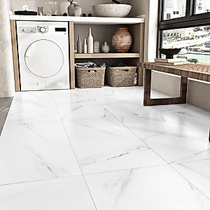 WESTICK 20 Pack Marble Peel and Stick Floor Vinyl Tiles - White, Waterproof, Thick Vinyl Flooring Sheets - Self Adhesive - 12" x 12" for Kitchen, Bathroom, Bedroom, Office