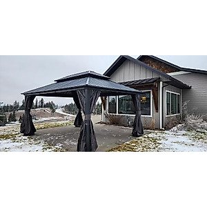 Domi 12’ X 16’ Hardtop Gazebo Canopy with Netting & Curtains, Outdoor Aluminum Gazebo with Galvanized Steel Double Roof for Patio Lawn and Garden, Gray