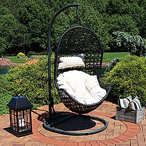 Sunnydaze Cordelia Hanging Egg Chair with Steel Stand Set - Resin Wicker - Outdoor Large Basket Design Patio Lounge Chair - Includes Beige Cushion and Headrest